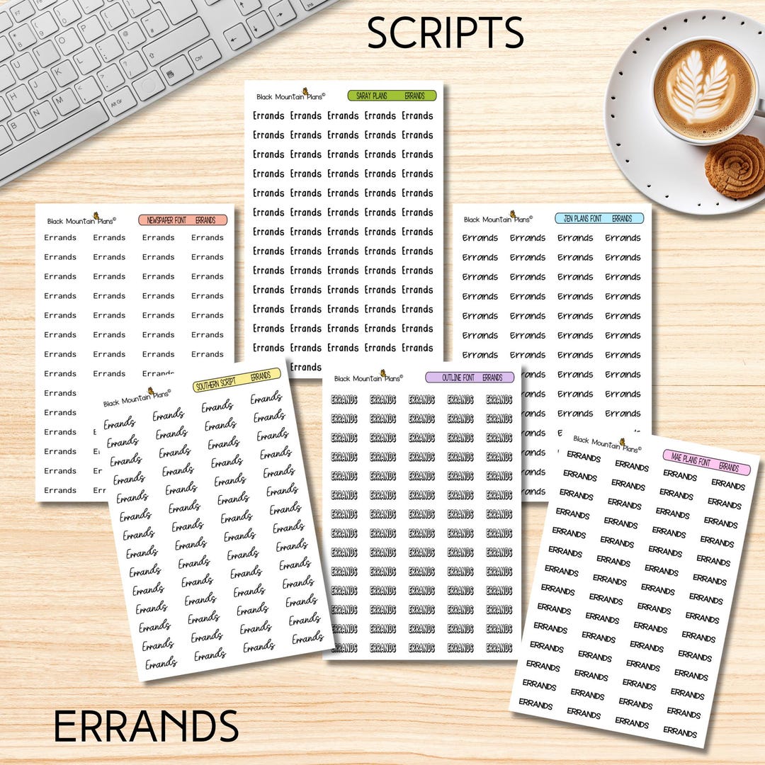 ERRANDS Planner Scripts || 6 Font Options Included || Standard and A5 ...