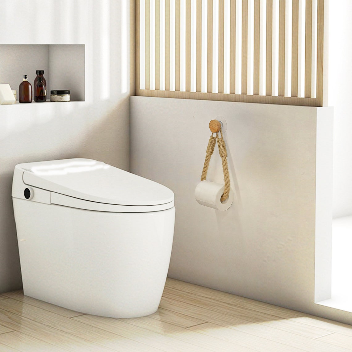 Rope Toilet Paper Holder With Wooden Hook Wall-mounted, No-drill Eco ...
