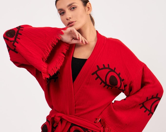 Red Turkish Evil Eye Print Robe | Festival Kimono | Evil Eye Clothing ...
