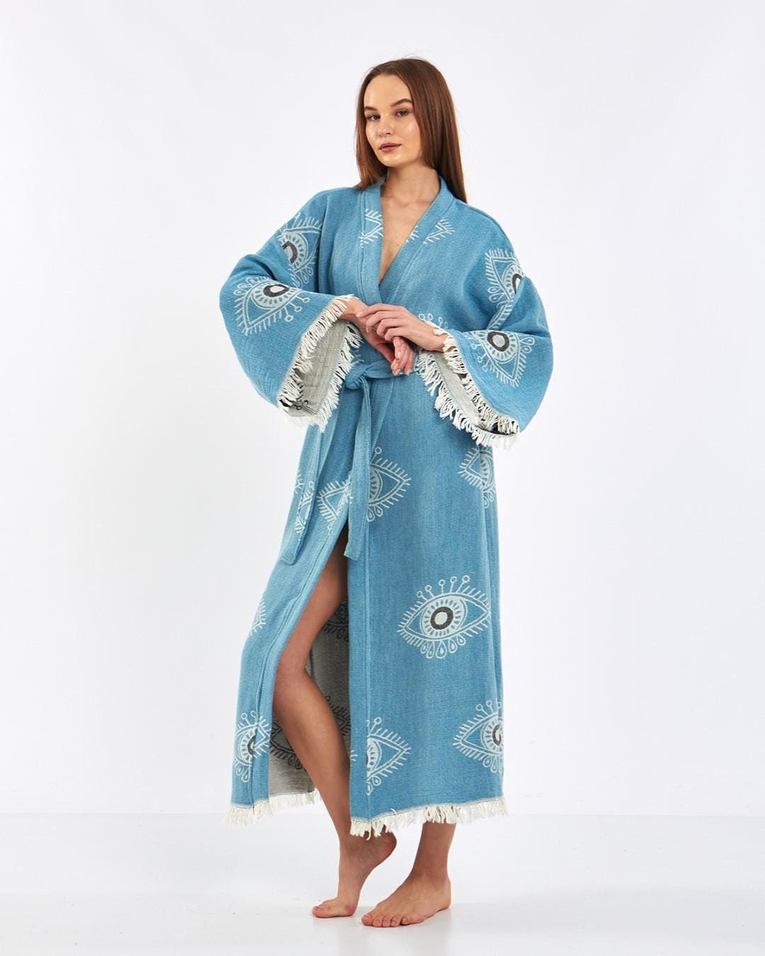 Handmade Blue Evil Eye Jacquard Bathrobe Kimono | Spa Day Essentials ...
