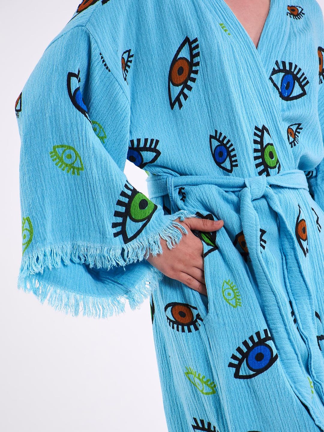 Blue Turkish Colorful Evil Eye Print Robe | Festival Kimono | Evil Eye ...