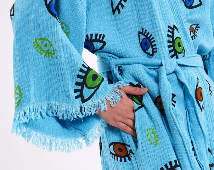 Blue Turkish Colorful Evil Eye Print Robe | Festival Kimono | Evil Eye ...