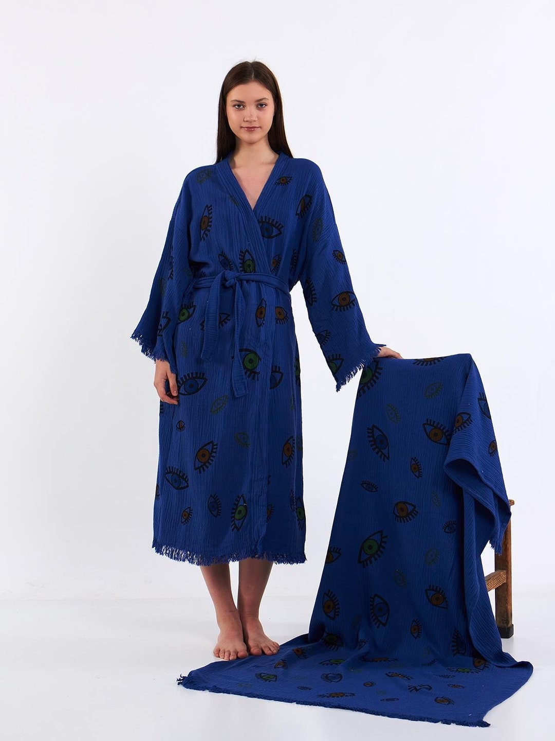 Dark Blue Turkish Colorful Evil Eye Print Robe | Festival Kimono | Evil ...