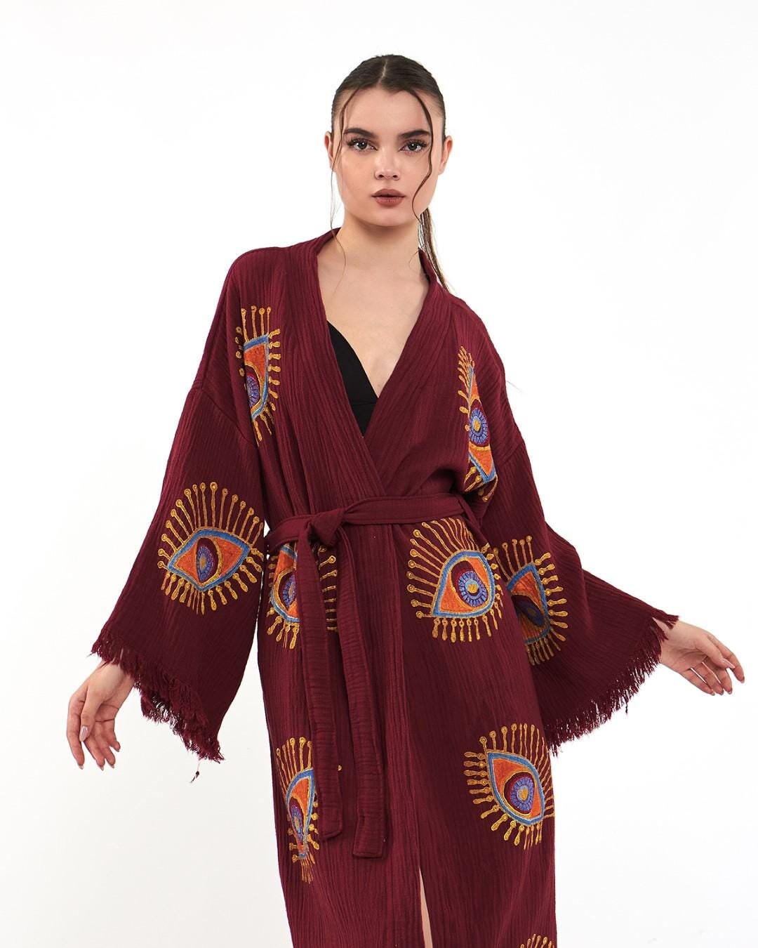 Burgundy Evil Eye Print Robe | Orange Eye Festival Kimono | Robe for ...