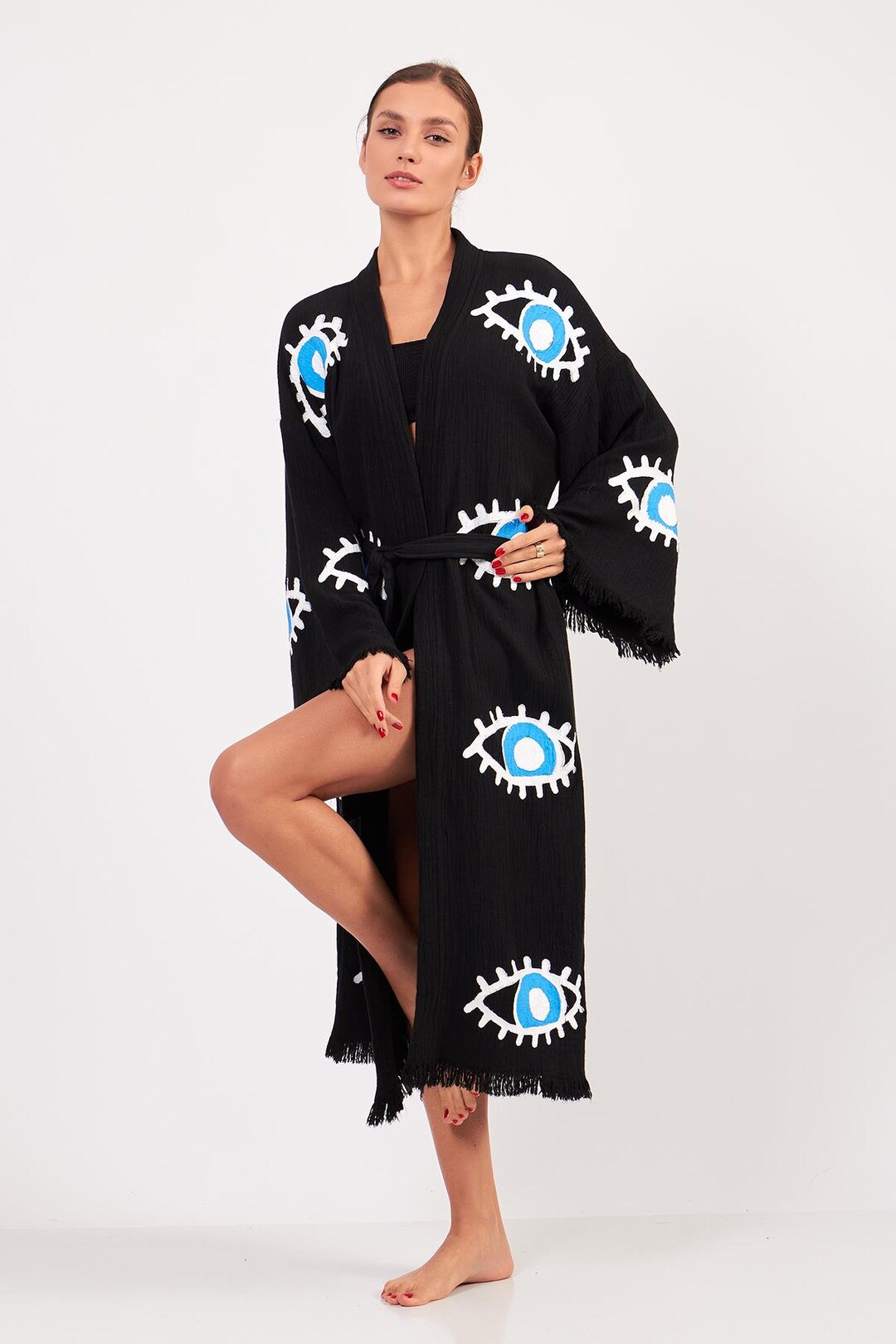 Turkish Evil Eye Print Robe | Festival Kimono | Black Beachwear | Beach ...