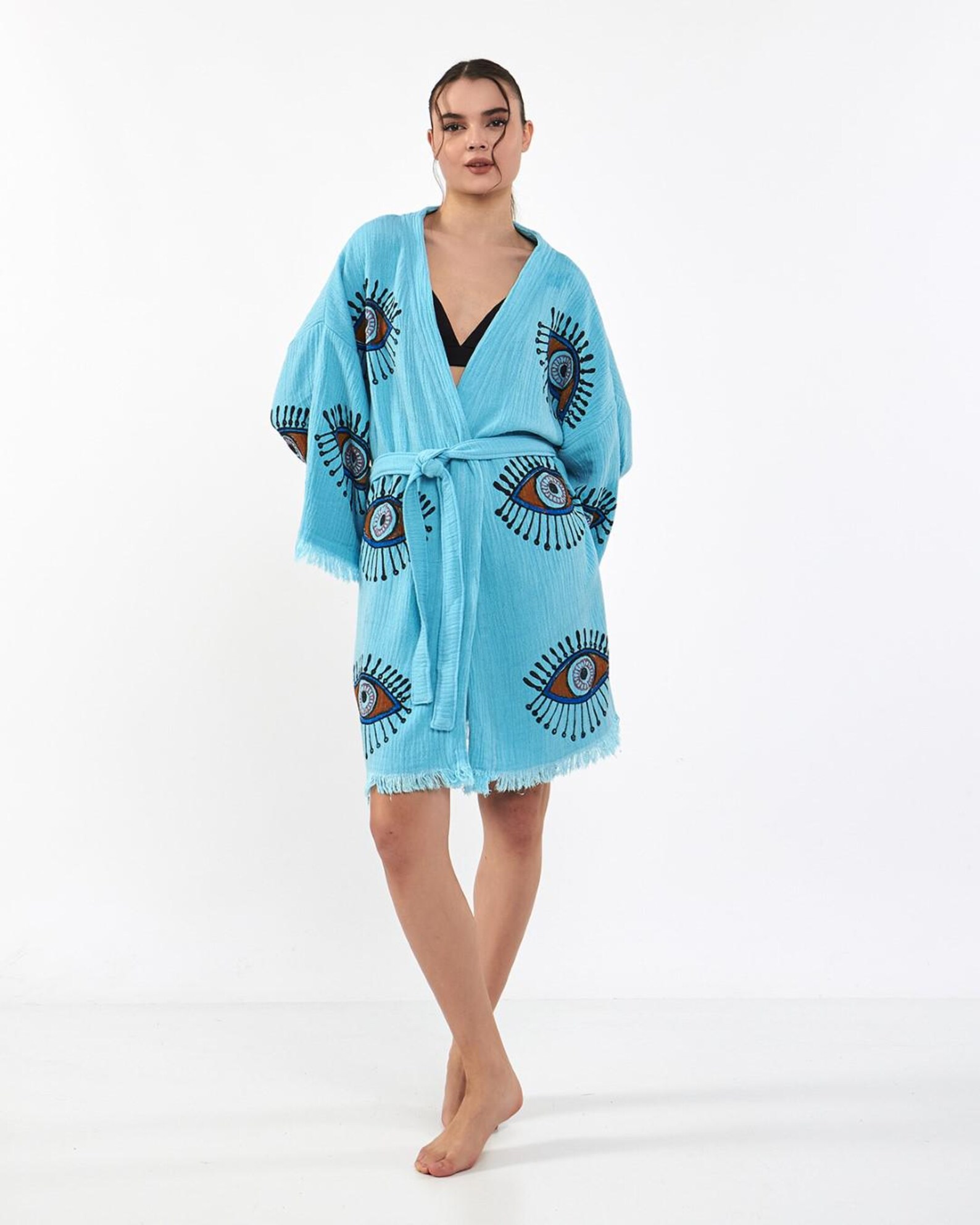 Blue Short Turkish Evil Eye Print Organic Cotton Hooded Robe Kimono ...