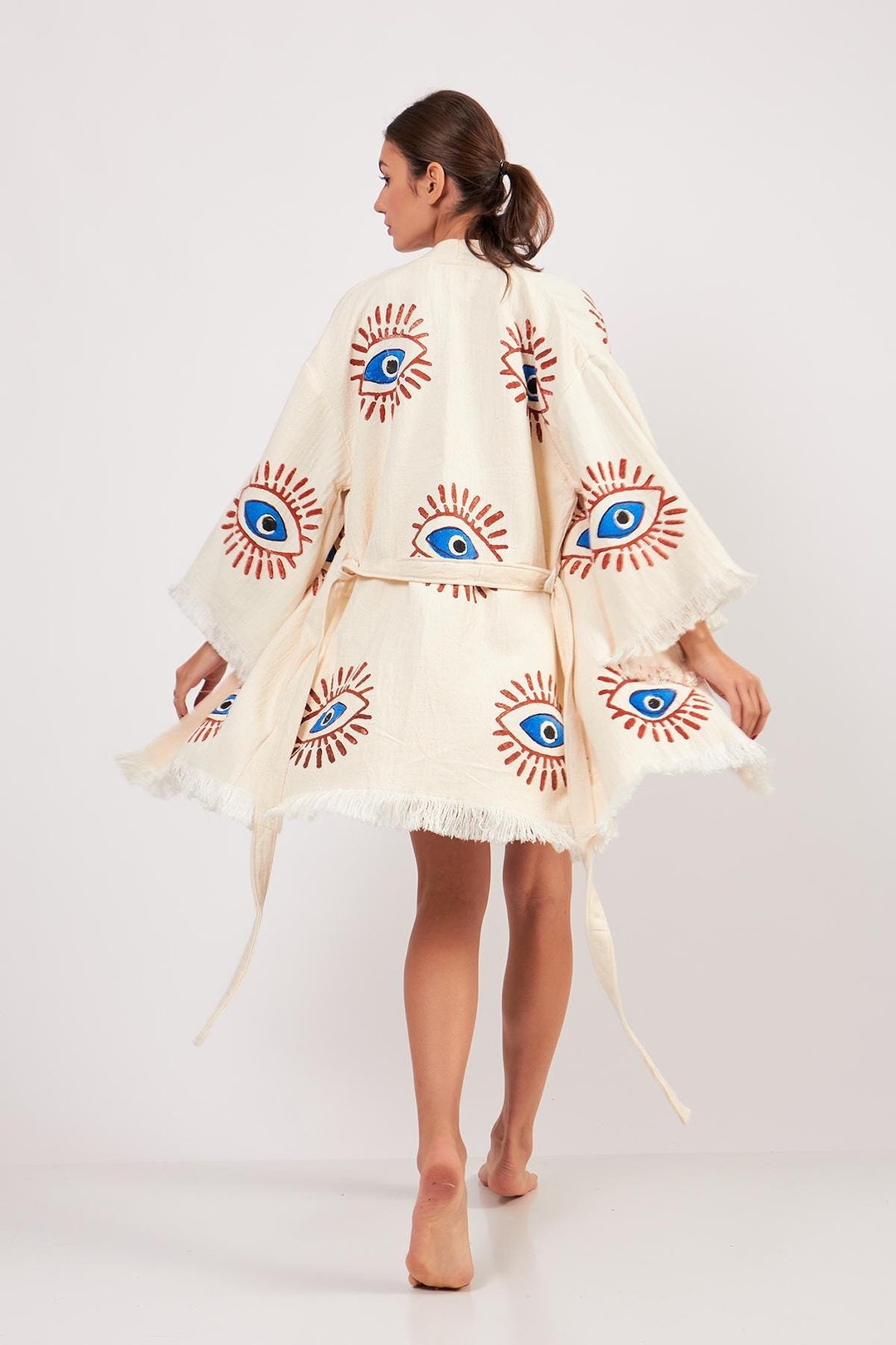 Turkish Evil Eye Print Robe | Festival Kimono | White Beachwear | Beach ...