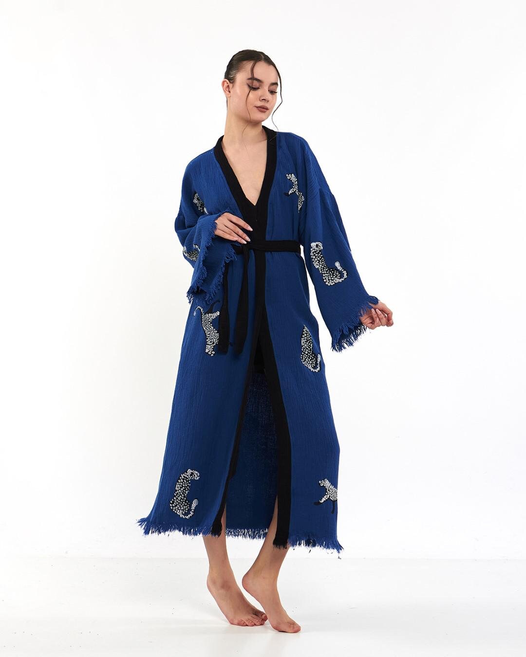 Dark Blue Leopard Print Robe | Animal Print Clothing | Beach Coverup ...