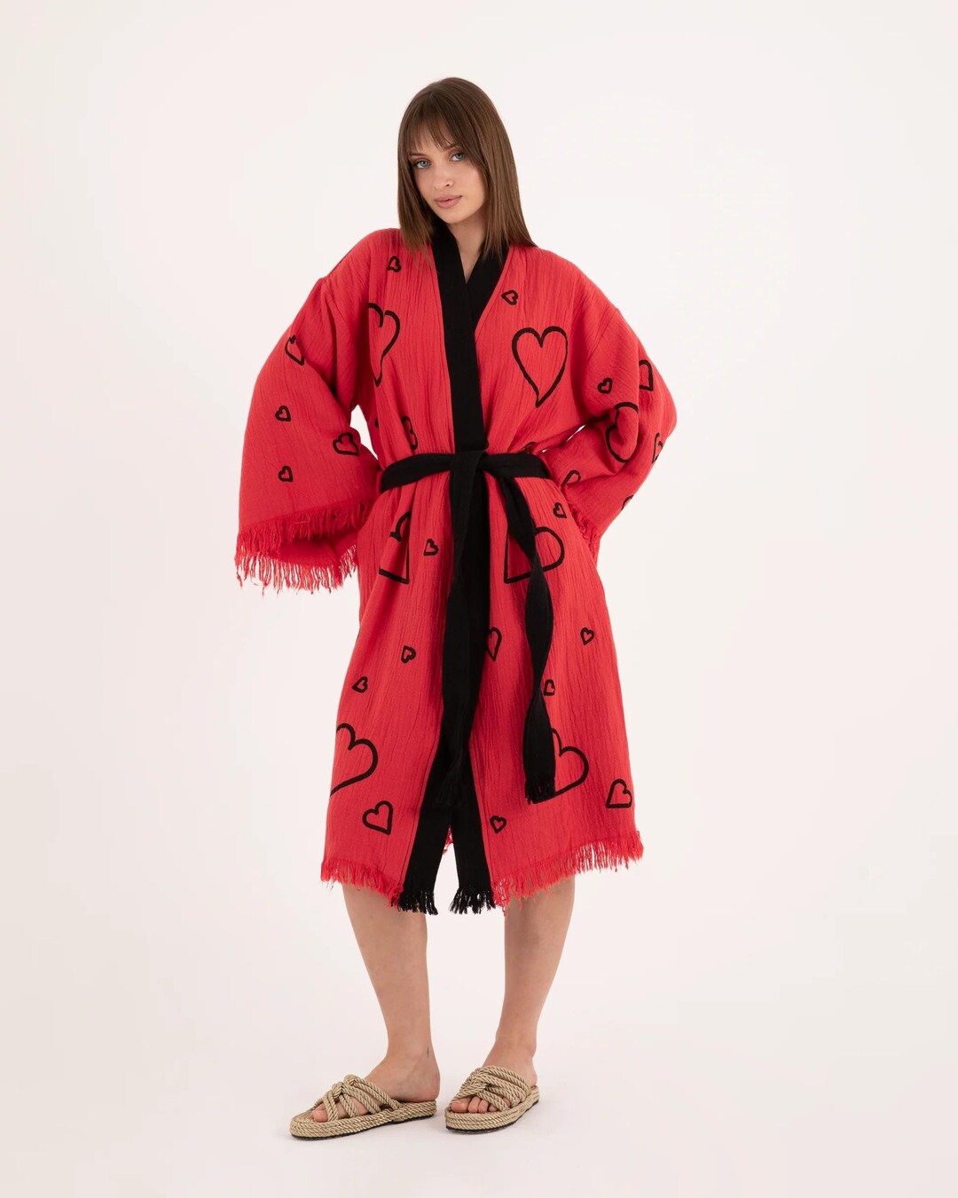 Red & Black Heart Pattern Kimono Robe Valentines Day Gift for Her ...