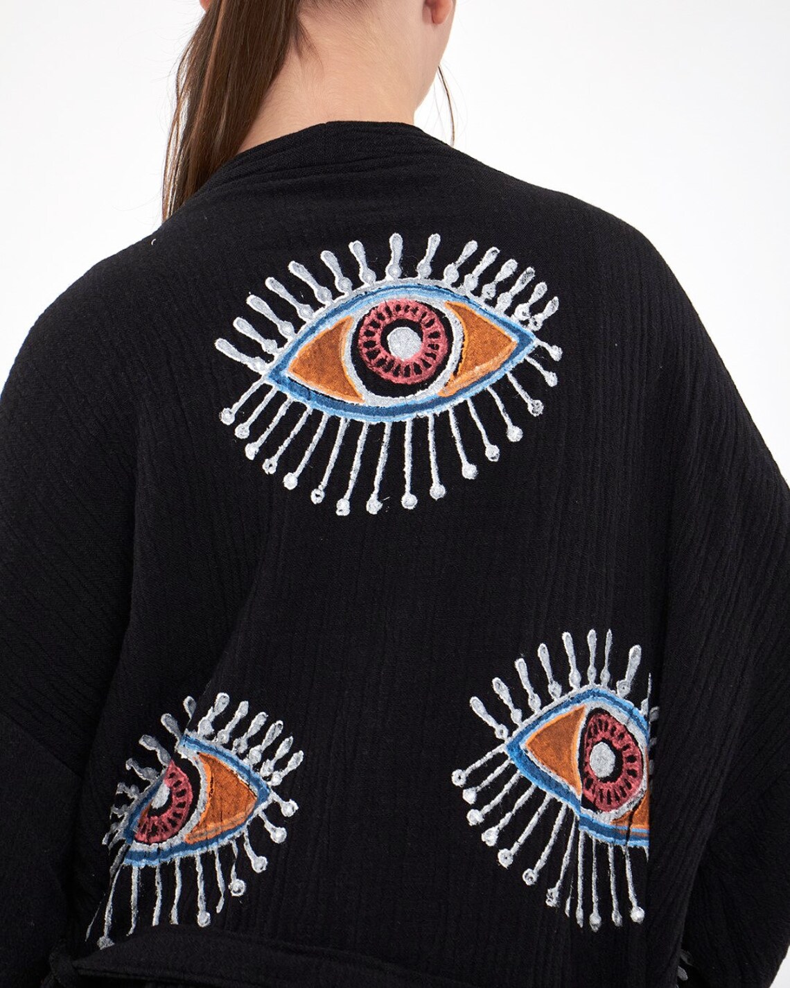 Turkish Evil Eye Print Robe Festival Kimono Black Beachwear Beach ...