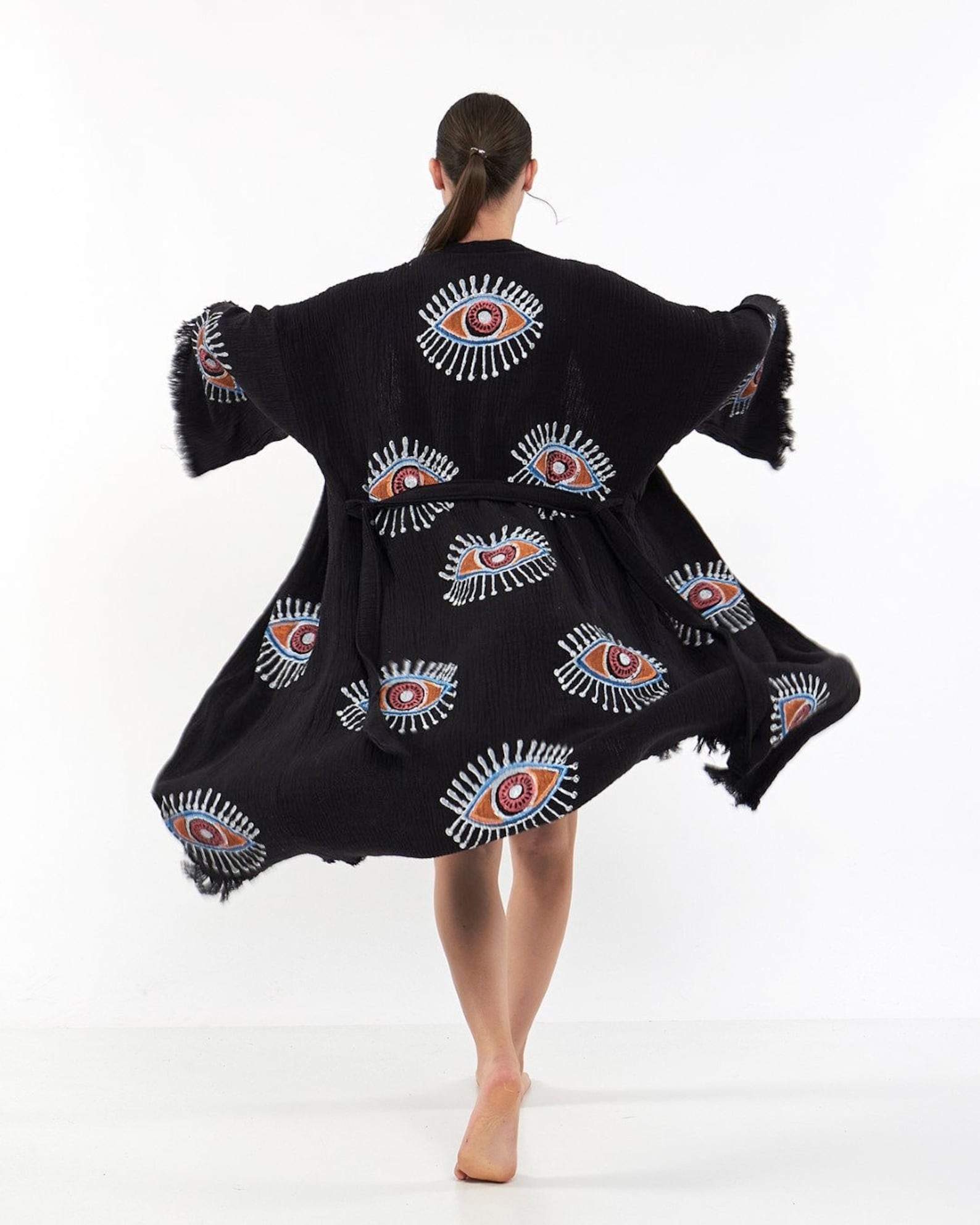 Turkish Evil Eye Print Robe Festival Kimono Black Beachwear Beach ...