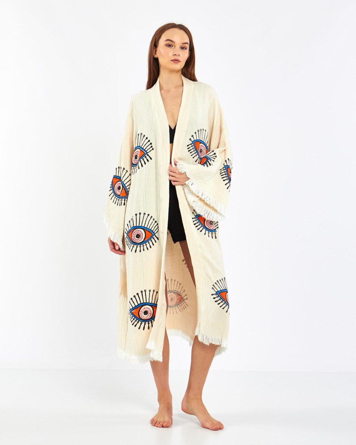 Turkish Evil Eye Print Robe | Festival Kimono | White Beachwear | Beach ...