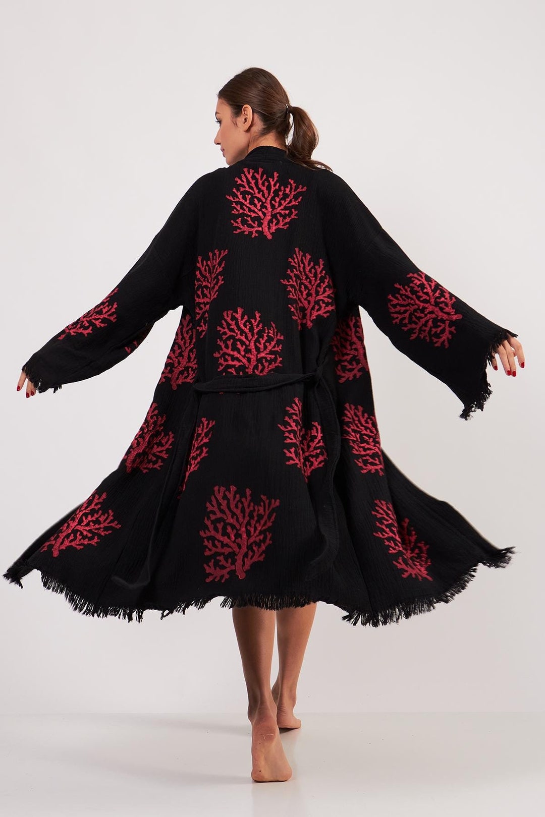 Turkish Organic Cotton Red Tree Pattern Muslin Kimono | Authentic ...