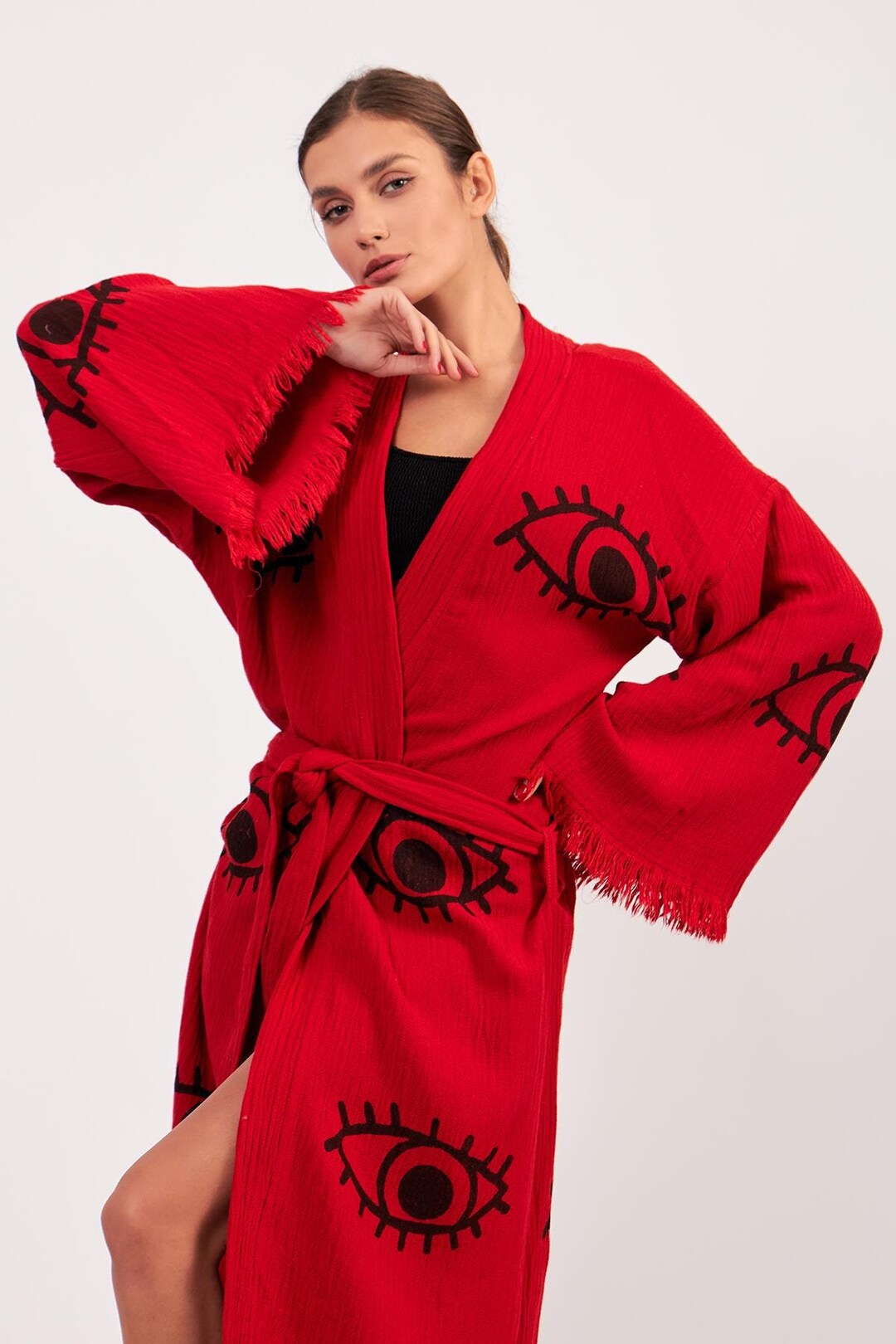 Red Turkish Evil Eye Print Robe | Festival Kimono | Evil Eye Clothing ...