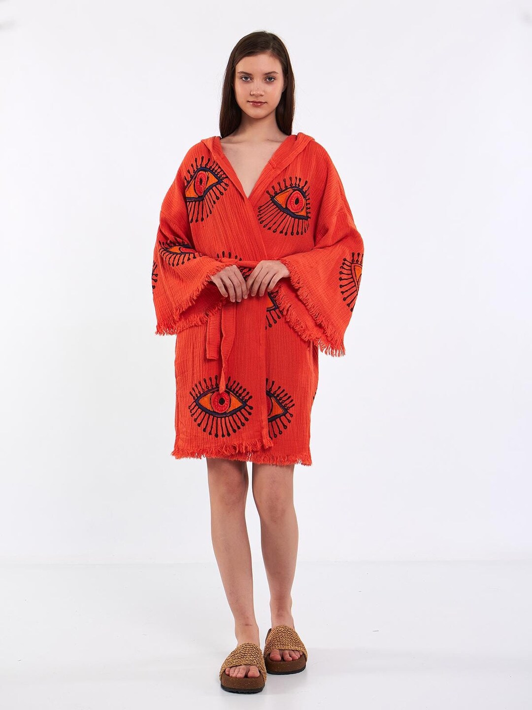 Short Turkish Evil Eye Print Organic Cotton Hooded Robe Kimono | Orange ...
