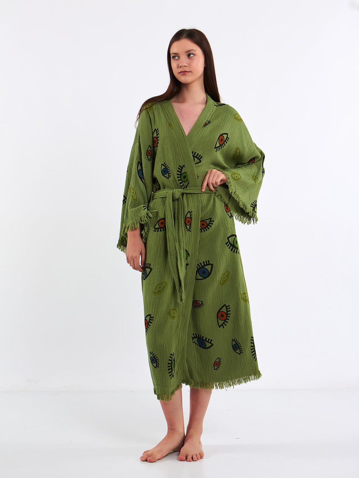 Green Turkish Colorful Evil Eye Print Robe | Festival Kimono | Evil Eye ...