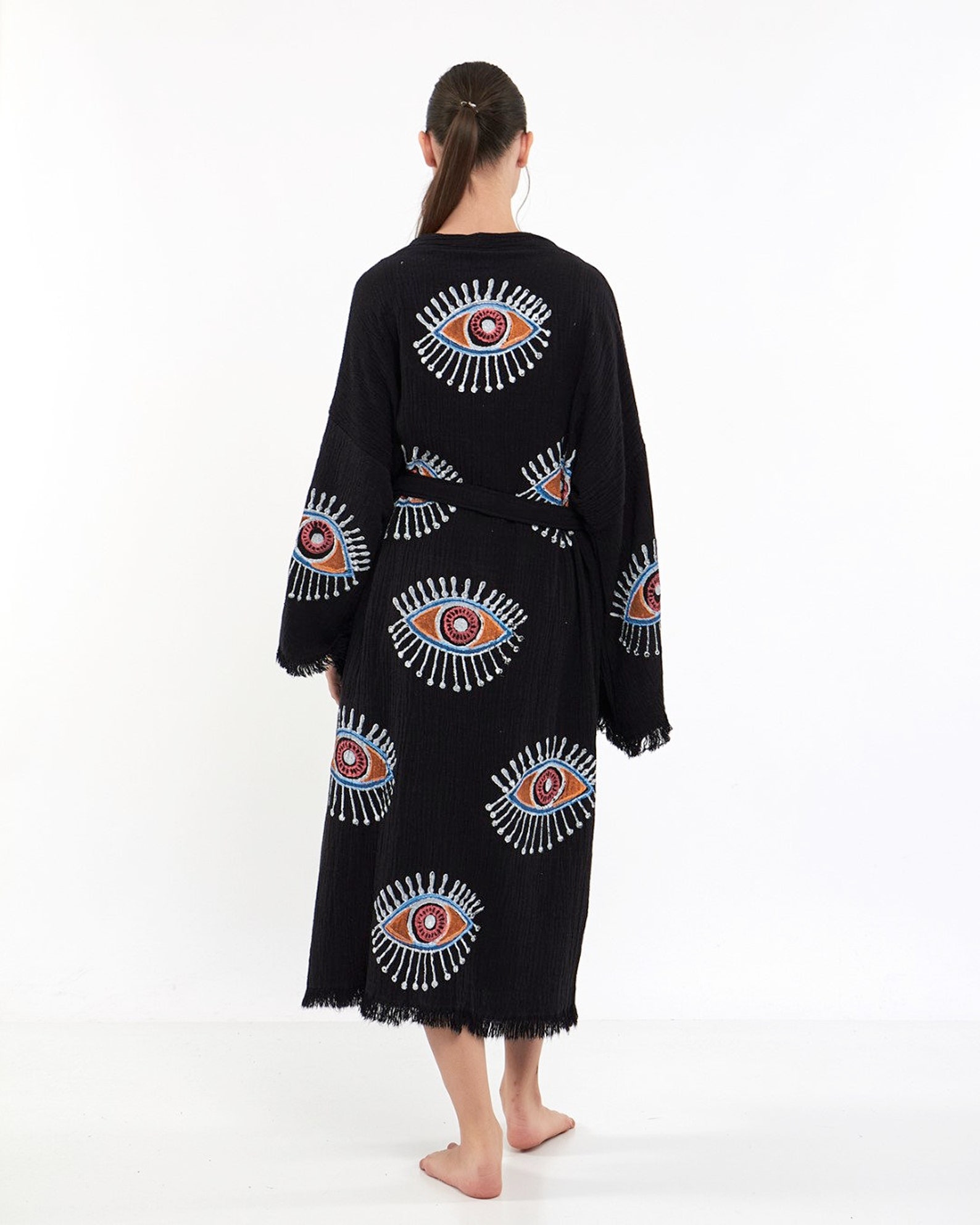 Turkish Evil Eye Print Robe Festival Kimono Black Beachwear Beach ...