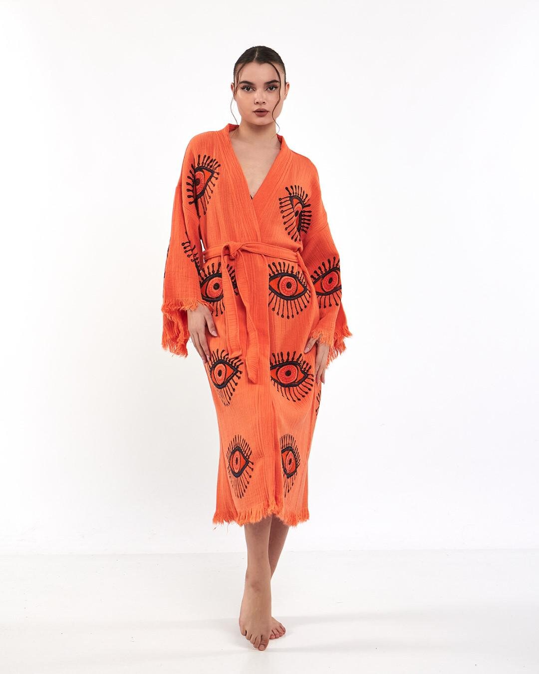 Turkish Evil Eye Print Robe | Orange Eye Festival Kimono | Evil Eye ...