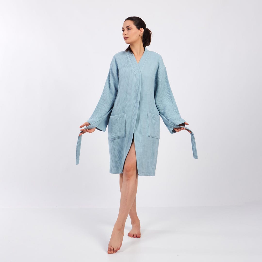 Blue Muslin Cotton Short Bathrobe | Bath Wear | Housewarming Gift ...