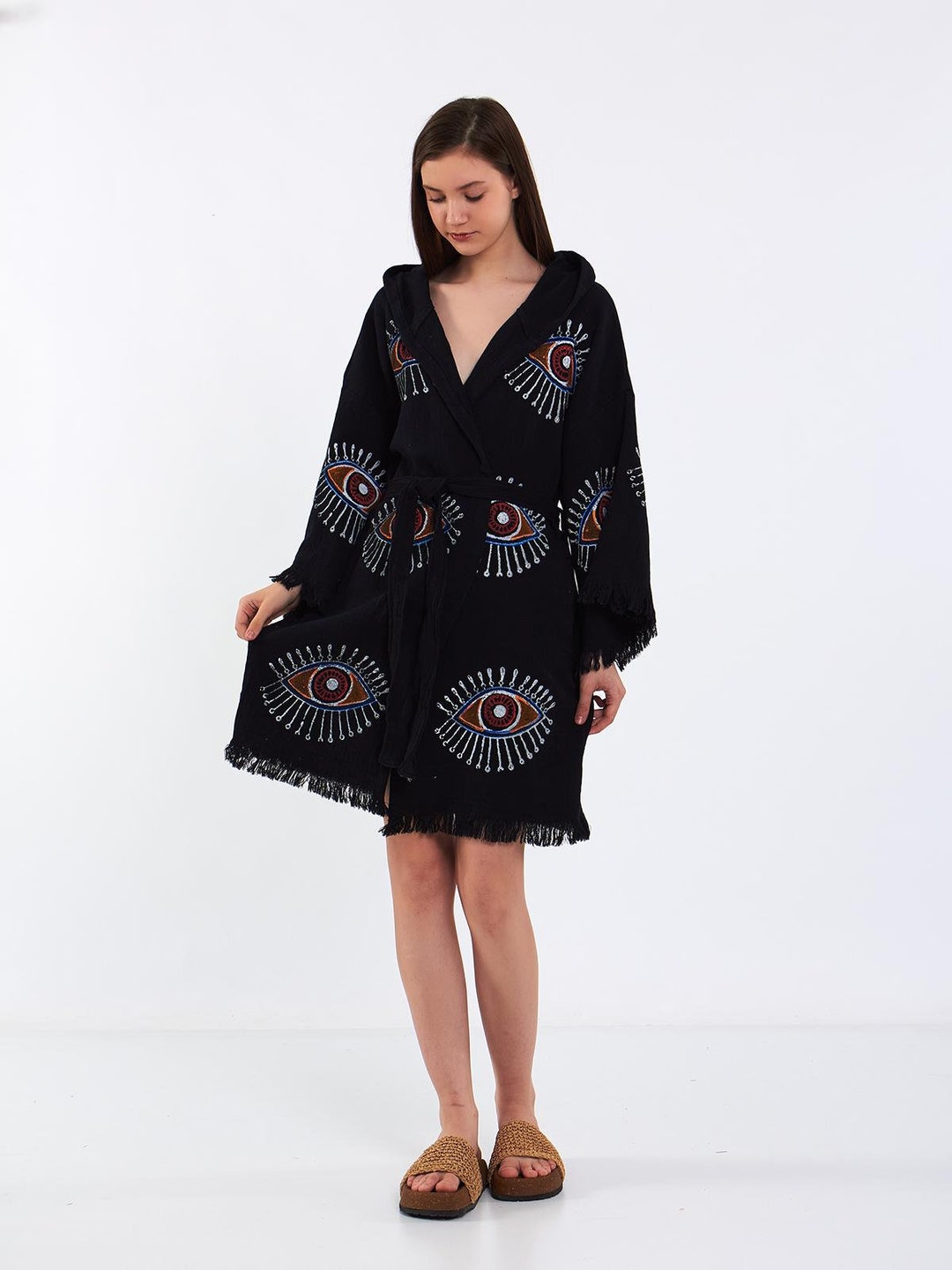 Black Short Turkish Evil Eye Print Organic Cotton Hooded Robe Kimono ...