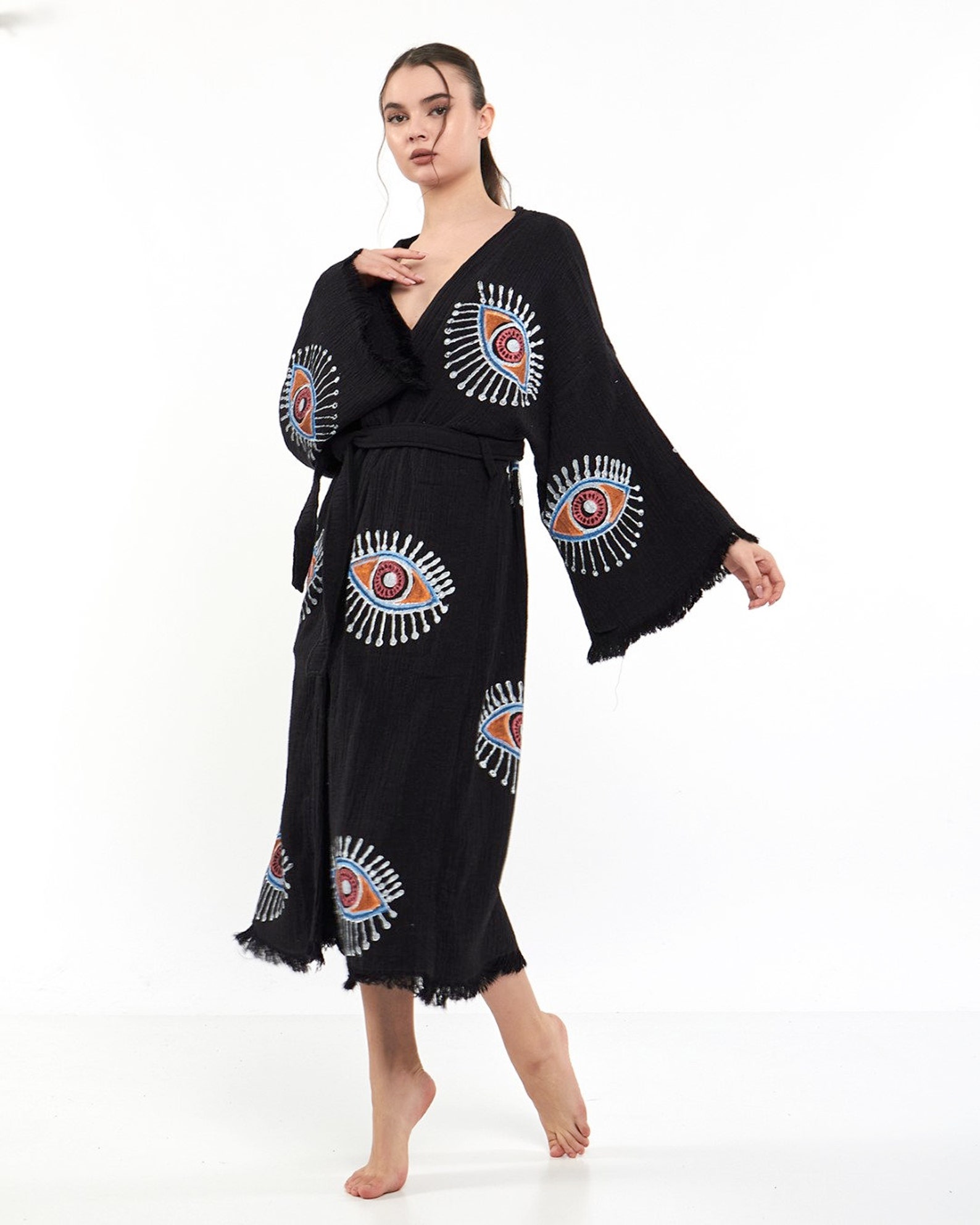 Turkish Evil Eye Print Robe Festival Kimono Black Beachwear Beach ...