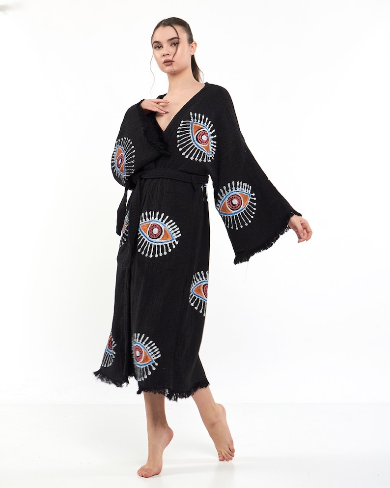 Turkish Evil Eye Print Robe Festival Kimono Black Beachwear Beach ...