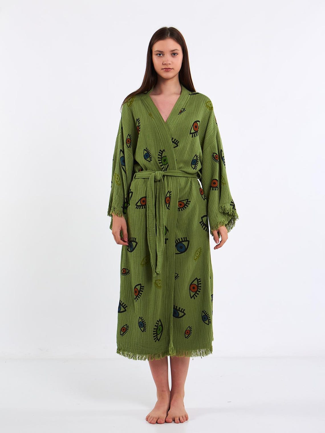Green Turkish Colorful Evil Eye Print Robe | Festival Kimono | Evil Eye ...
