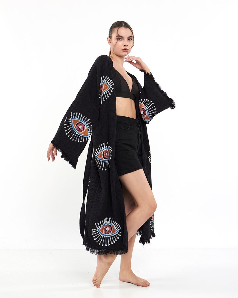 Turkish Evil Eye Print Robe Festival Kimono Black Beachwear Beach ...