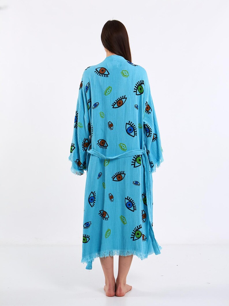 Blue Turkish Colorful Evil Eye Print Robe | Festival Kimono | Evil Eye ...
