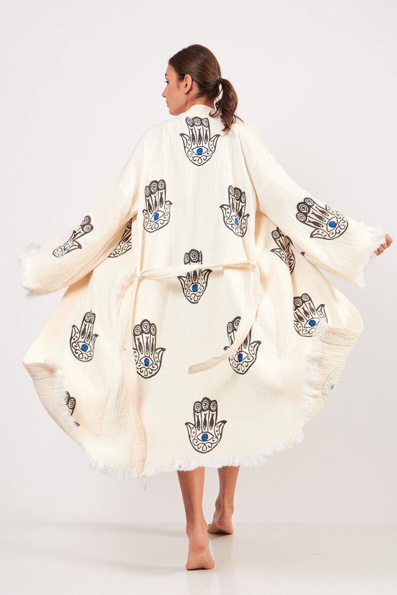 Talisman Pattern Evil Eye Print Robe | Festival Kimono | White ...