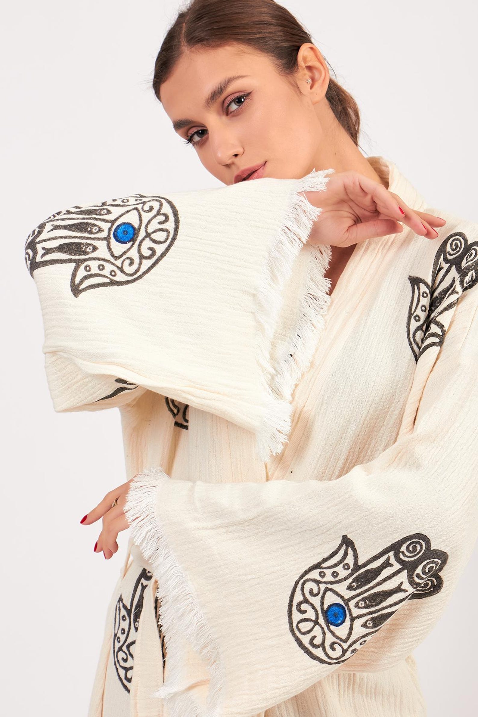 Talisman Pattern Evil Eye Print Robe | Festival Kimono | White ...