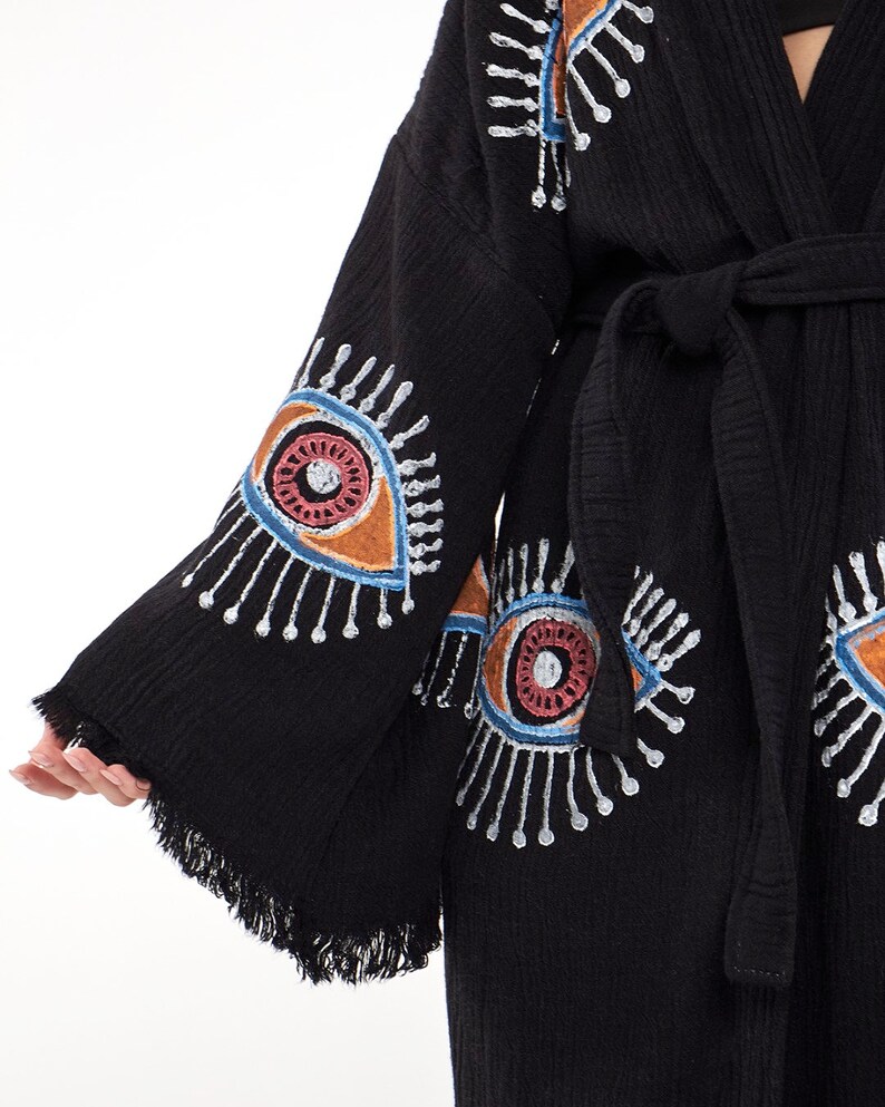 Turkish Evil Eye Print Robe Festival Kimono Black Beachwear Beach ...