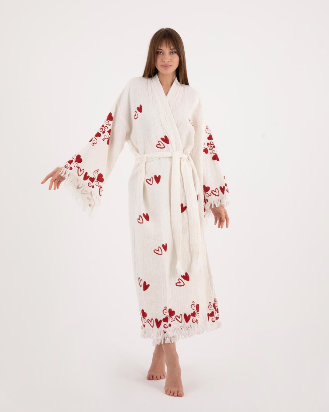 White & Red Heart Pattern Kimono Robe Valentines Day Gift for Her ...