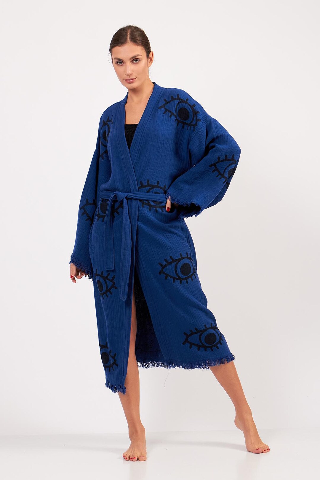 Dark Blue Turkish Evil Eye Print Robe | Festival Kimono | Evil Eye ...