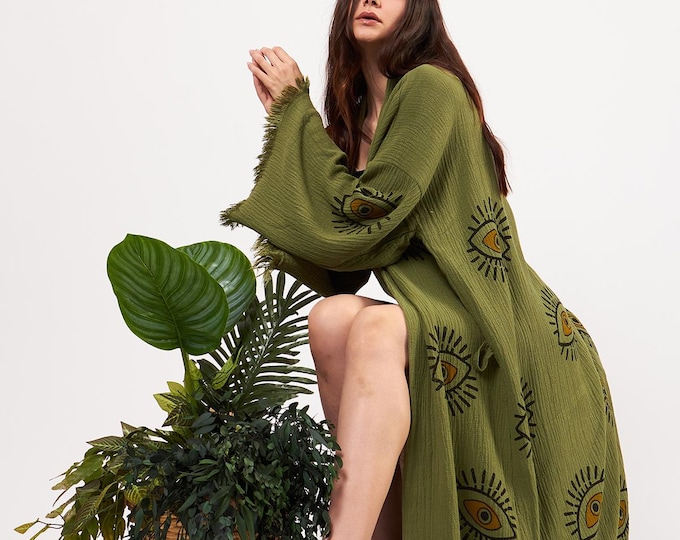Turkish Evil Eye Print Robe | Olive Green Robe Festival Kimono ...
