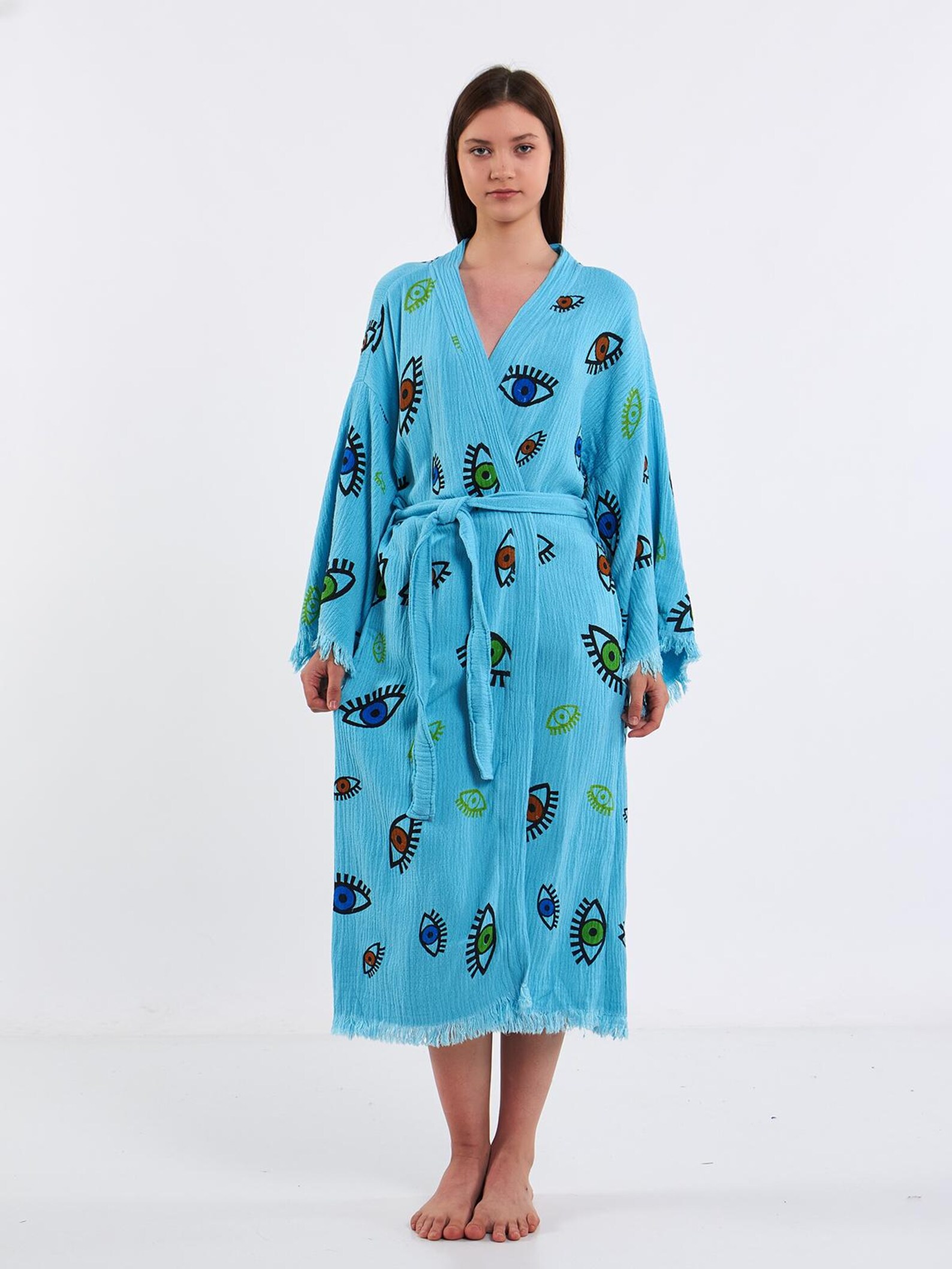 Blue Turkish Colorful Evil Eye Print Robe | Festival Kimono | Evil Eye ...