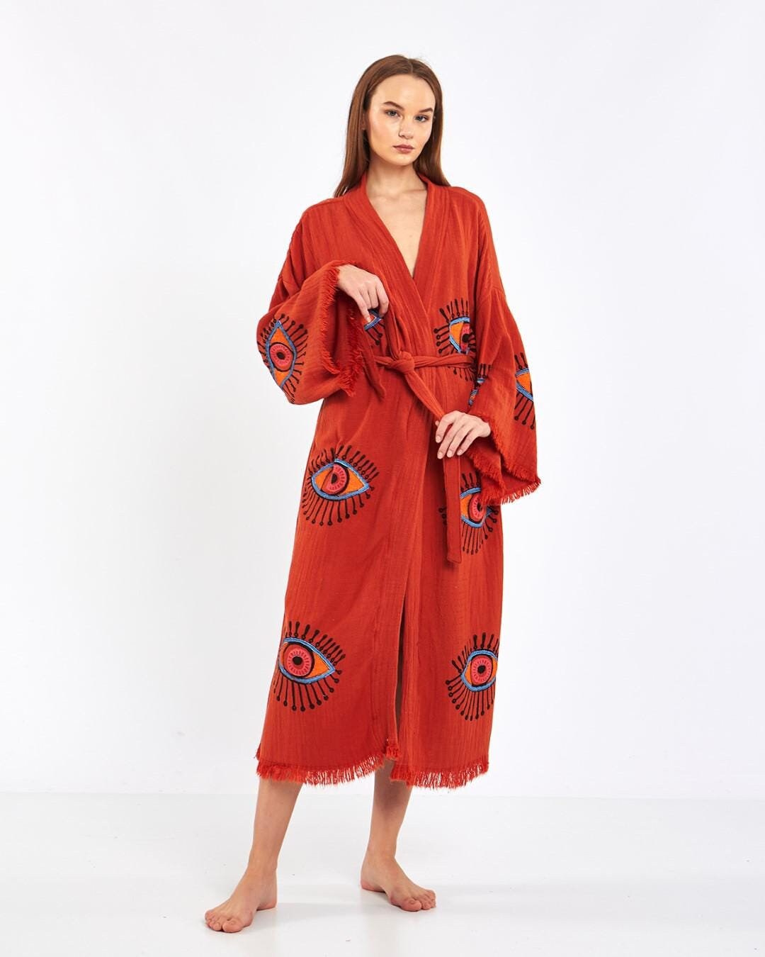 Turkish Evil Eye Print Robe | Burnt Orange Festival Kimono | Evil Eye ...