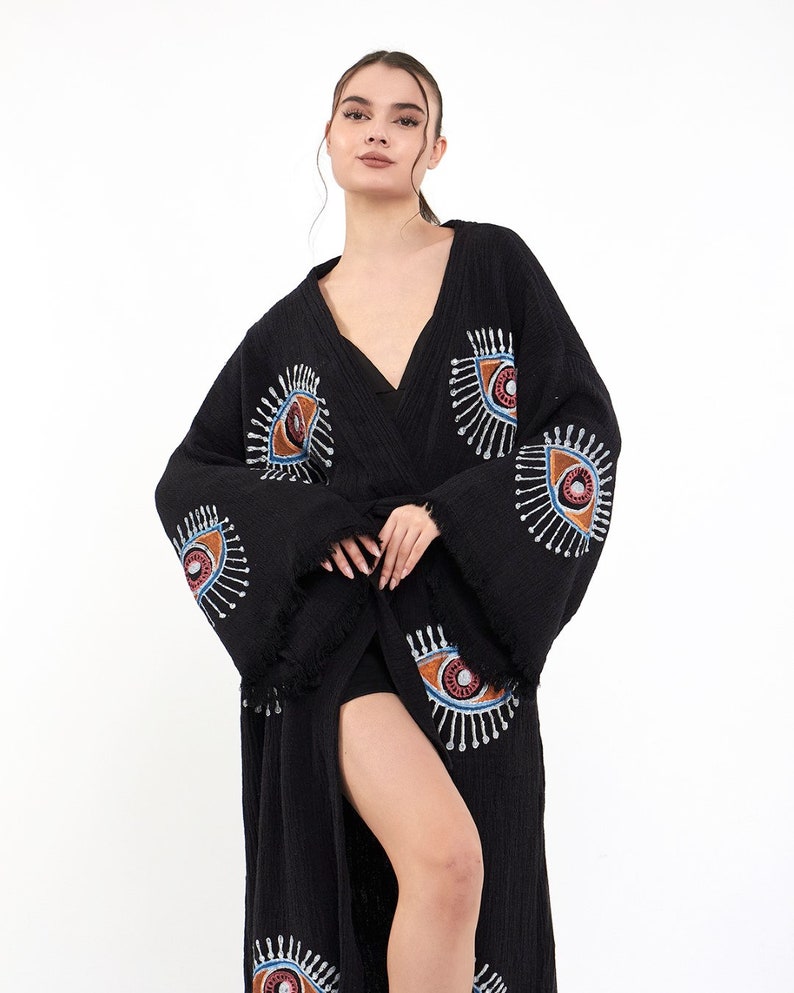 Turkish Evil Eye Print Robe Festival Kimono Black Beachwear Beach ...
