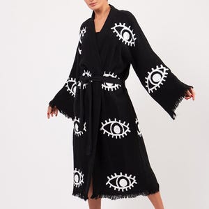 Turkish Evil Eye Print Robe | Festival Kimono | Black Beachwear | Beach ...