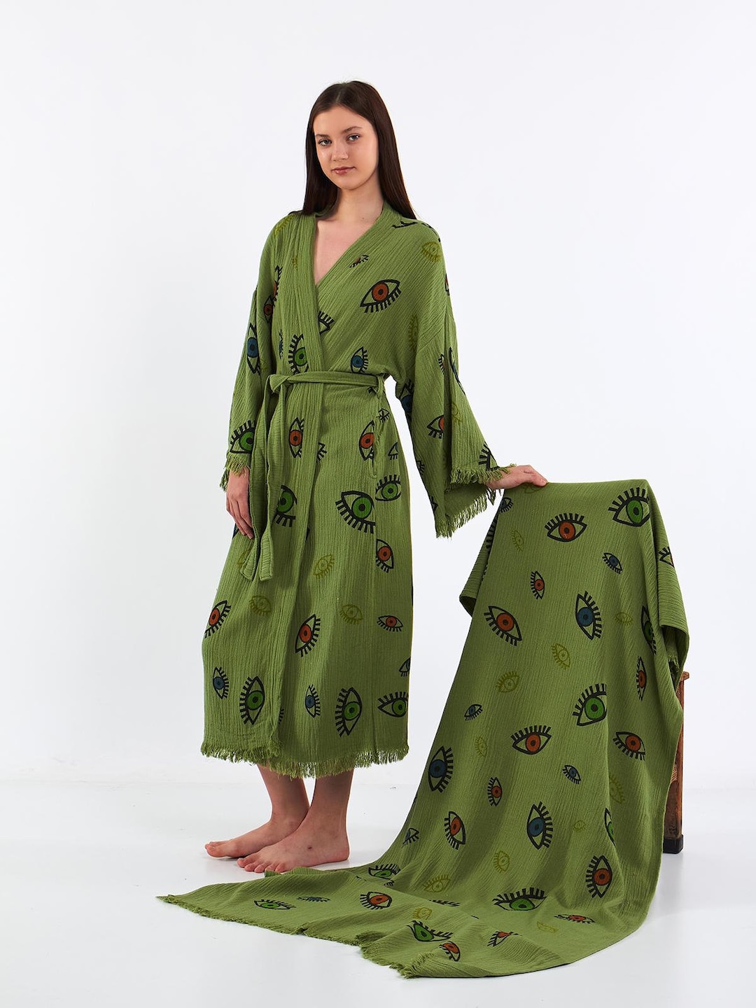 Green Turkish Colorful Evil Eye Print Robe | Festival Kimono | Evil Eye ...