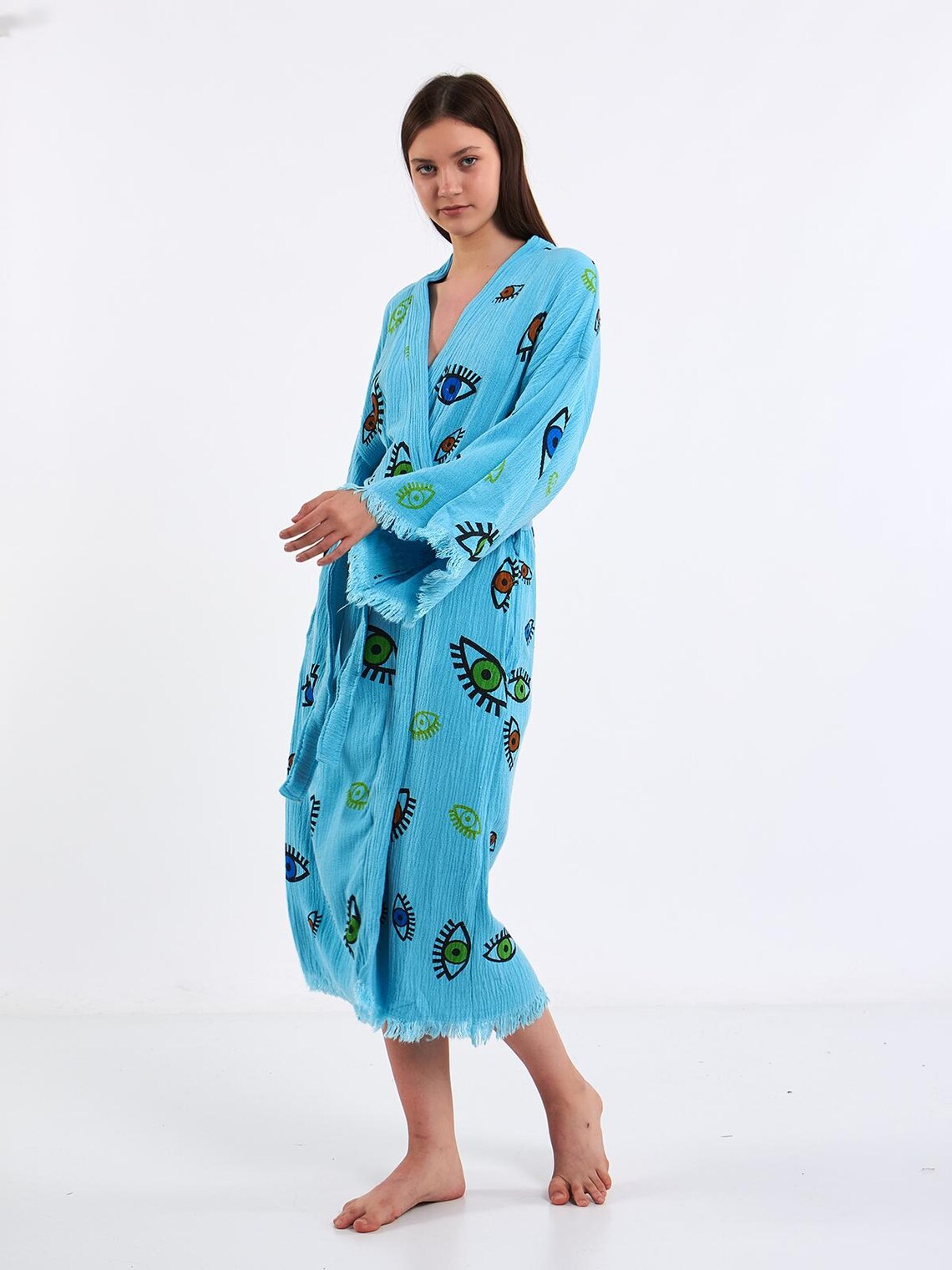 Blue Turkish Colorful Evil Eye Print Robe | Festival Kimono | Evil Eye ...