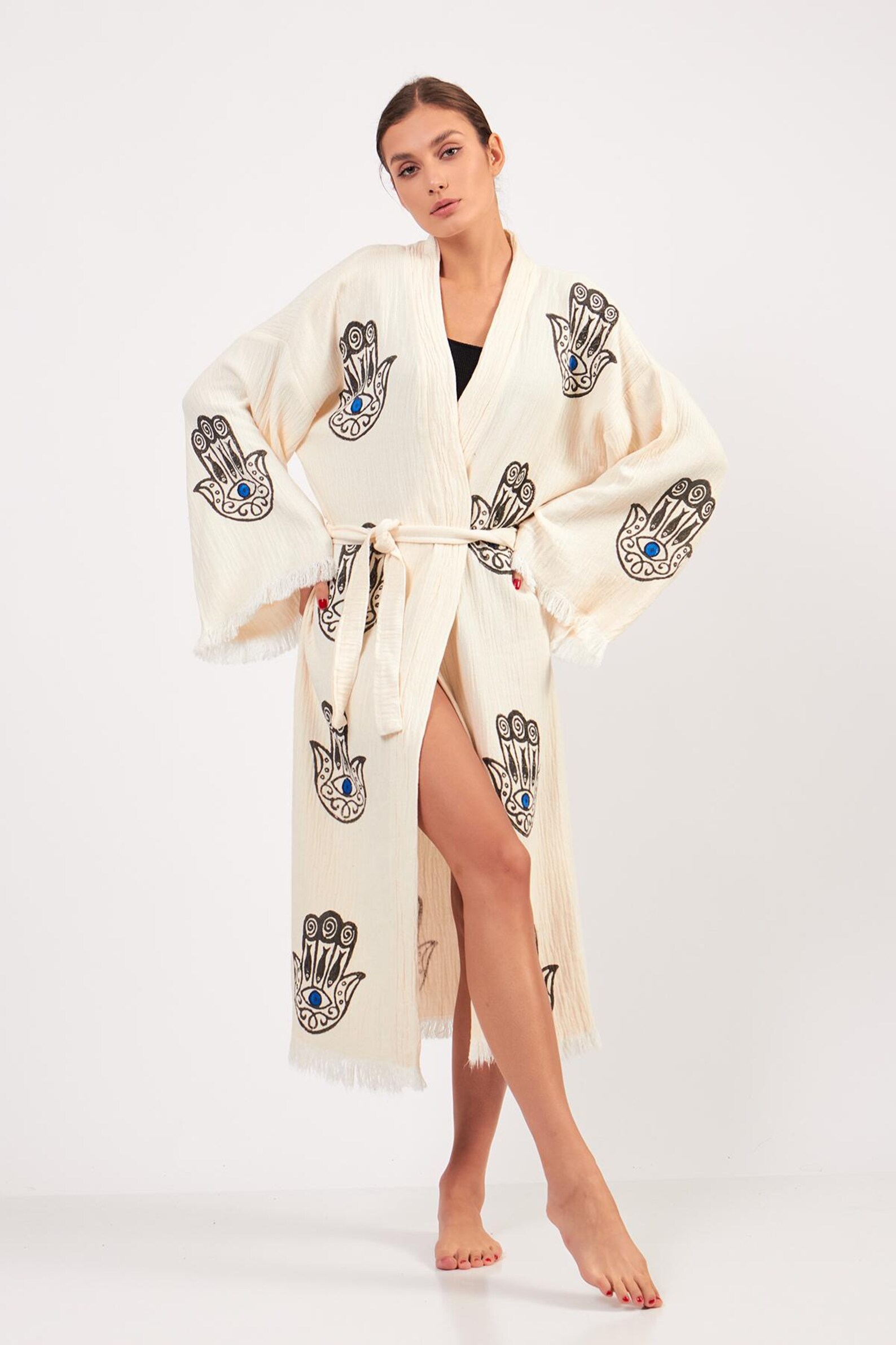 Talisman Pattern Evil Eye Print Robe | Festival Kimono | White ...