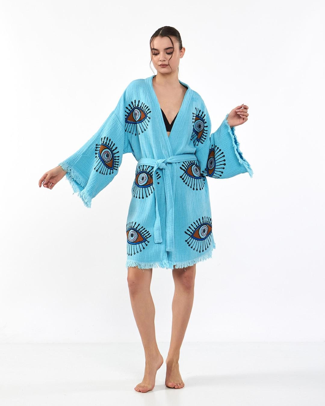 Blue Short Turkish Evil Eye Print Organic Cotton Hooded Robe Kimono ...