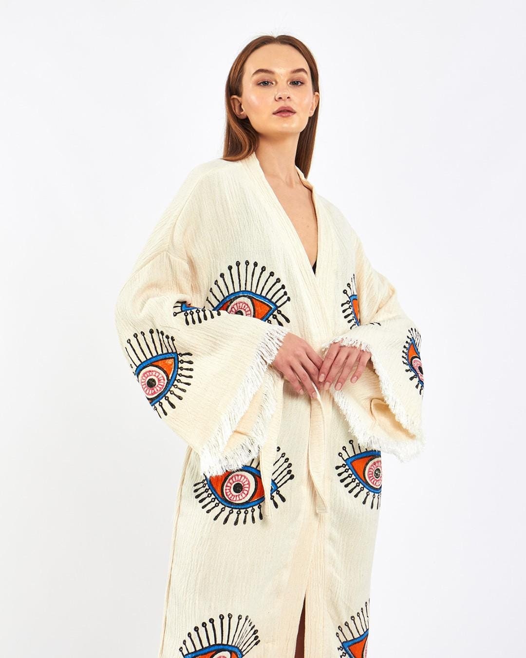 Turkish Evil Eye Print Robe | Festival Kimono | White Beachwear | Beach ...