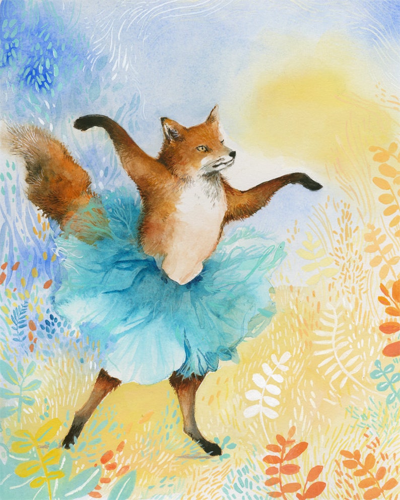 Dancer in Blue Print Fox Ballerina Fox Art Fox in Tutu - Etsy