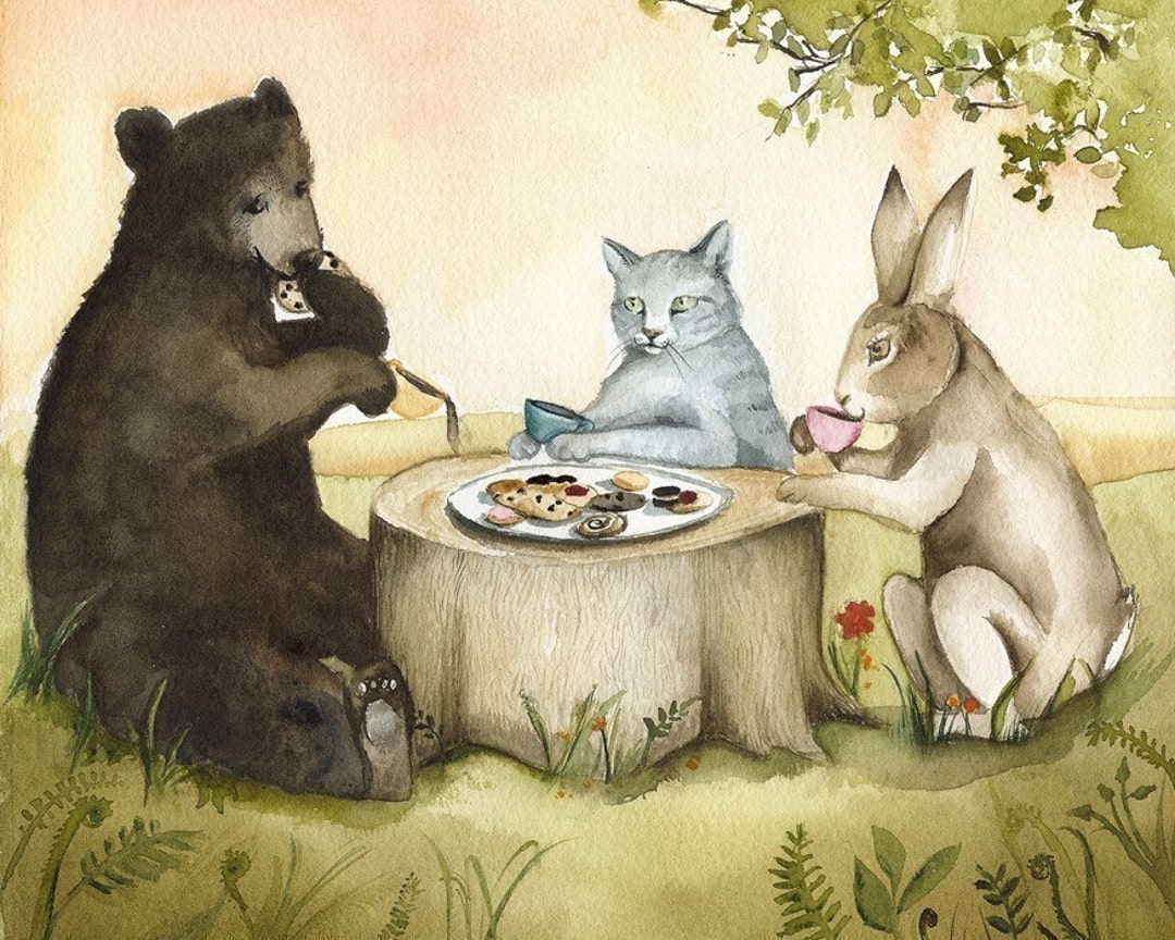 Cat, Bear, Rabbit "tea Party", Children, Cat, Bear, Rabbit Art - Etsy