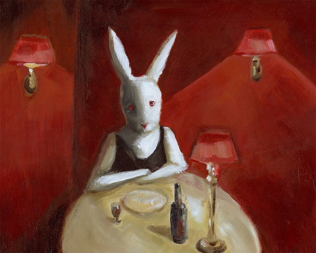 White Rabbit -"stood Up"- Wine Lover, Red Wine, Art - Etsy