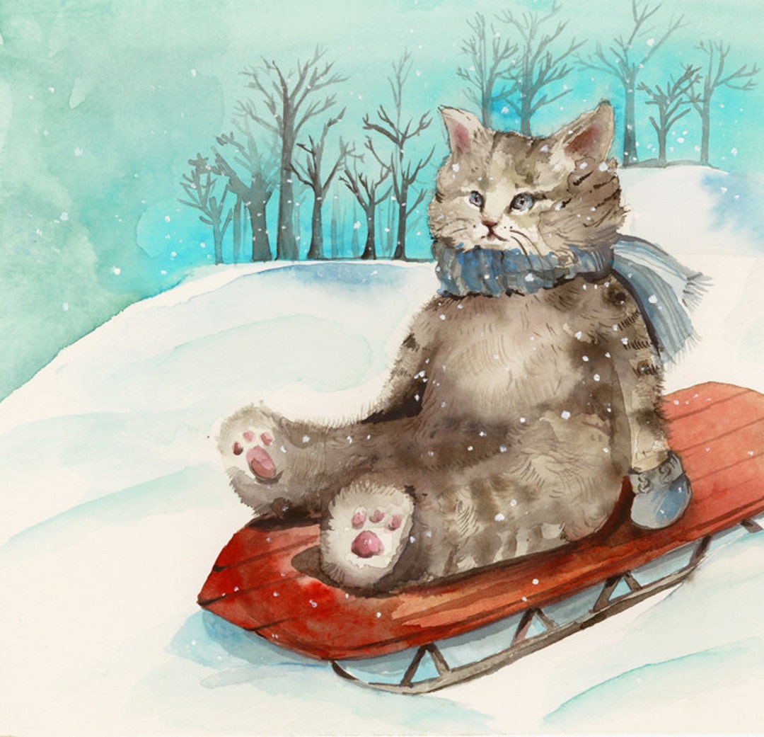 Sledding- Cat Art, Holiday, Children, Decor - Etsy