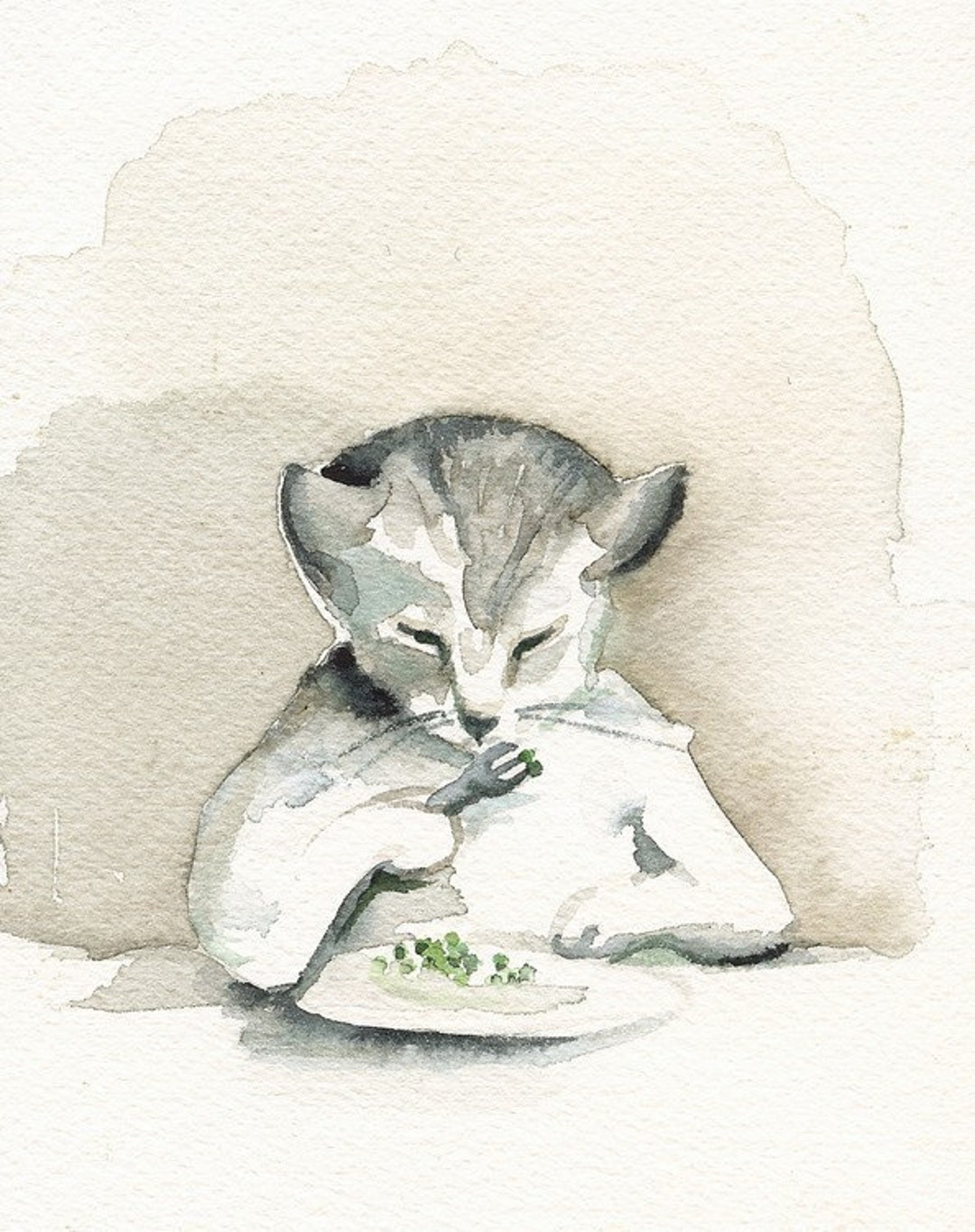 Cat Art, Cat, Cat, Watercolor, Cat Print- EAT YOUR PEAS - Cat Art ...