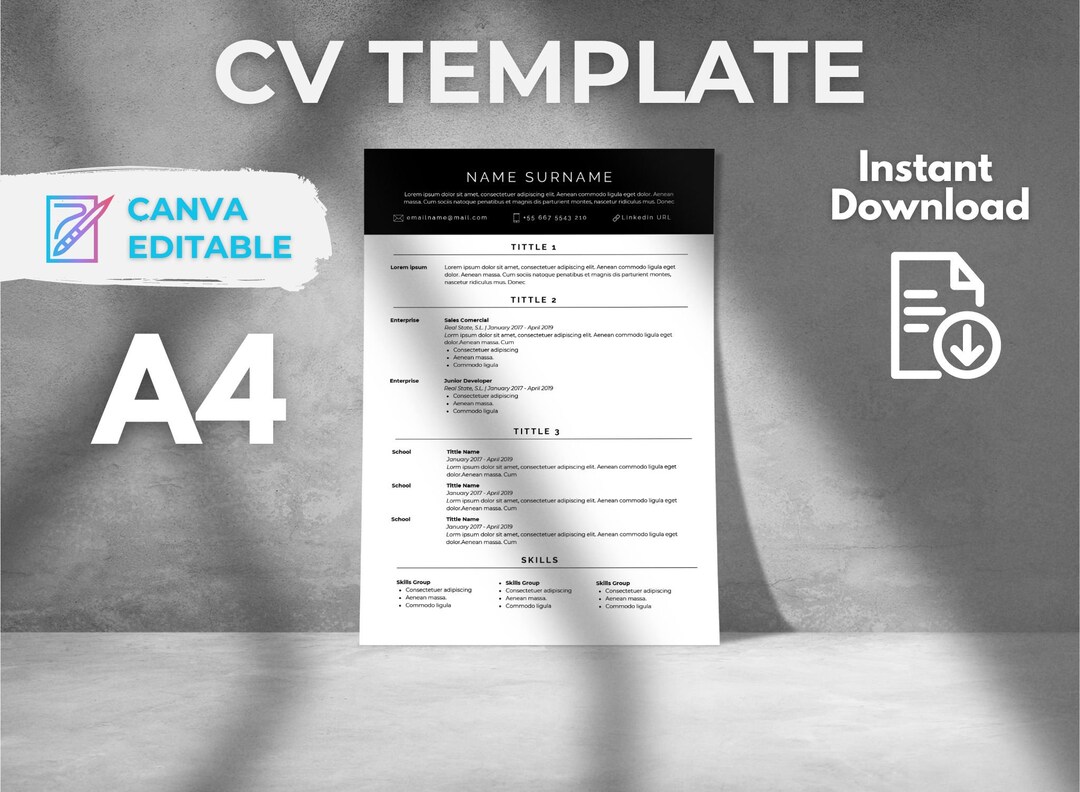 Editable A4 Canva Resume Template - Simple, Minimalist, Modern A4 ...